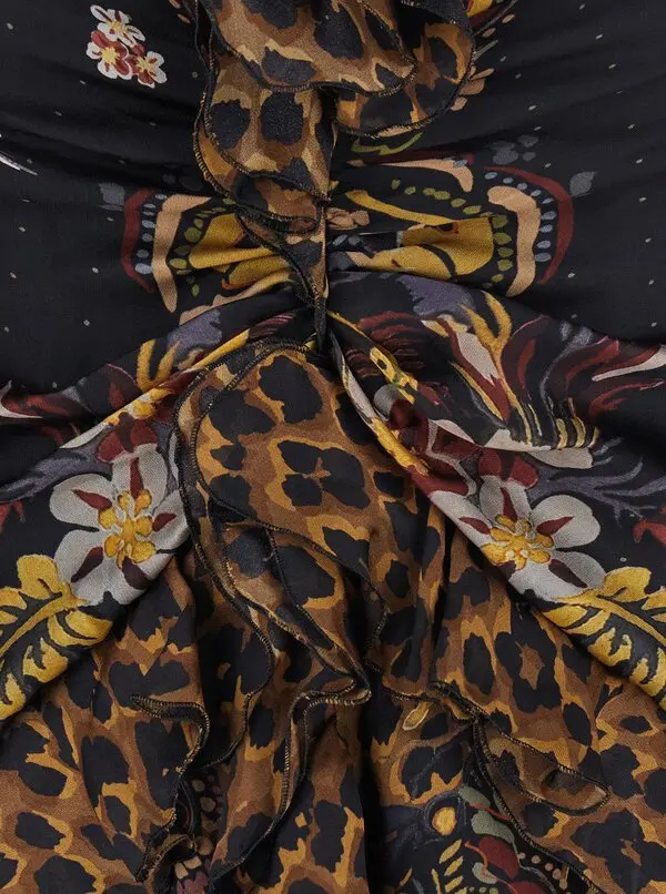 Etro Brown Long Dress With V-neck And Ruffled Sleeves In Tech Fabric - Multicolor