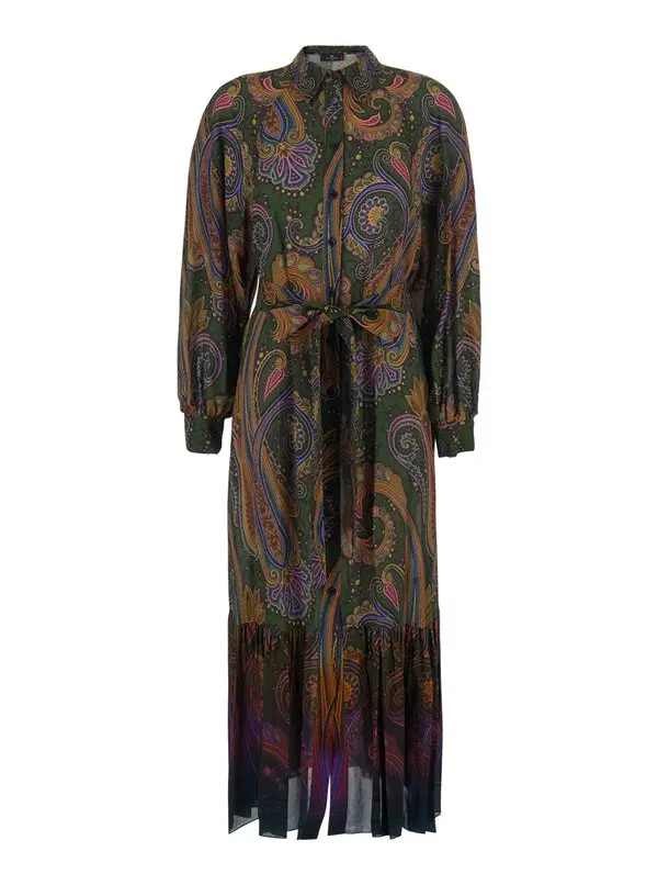 Etro Brown Midi Dress With Classic Collar And All-over Paisley Motif In Viscose For - Multicolor