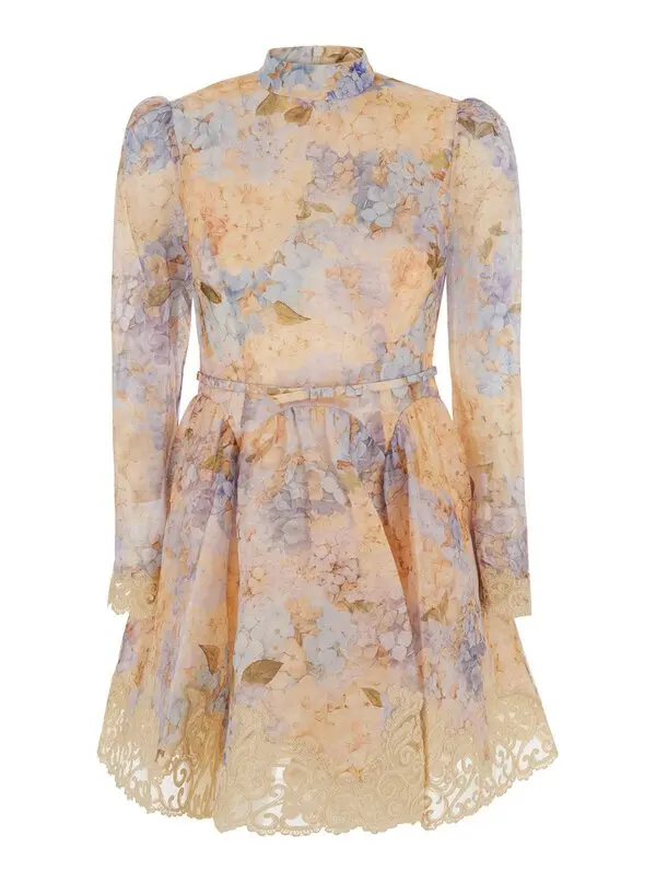 Zimmermann Valiant' Dress With High Neck And All-over Floral Print In Linen And Silk Blend For - Multicolor