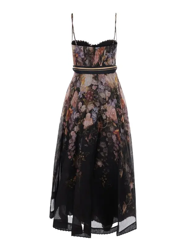 Zimmermann Valiant' Black Dress With Spaghetti Straps And All-over Floral Print In Linen And Silk Blend For