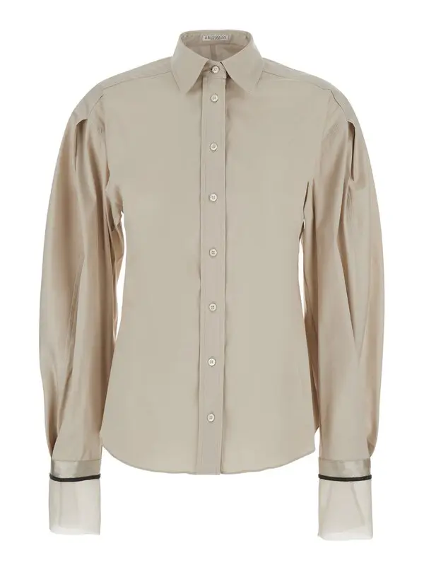 Brunello Cucinelli Beige Shirt With Monili Decorations On The Cuffs In Cotton Poplin