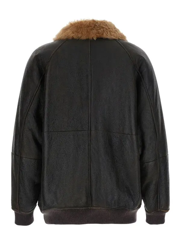 Brunello Cucinelli Brown Jacket With Fur Collar And Monil Zipper Pull In Leather For