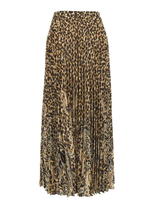 Etro Brown High-waisted Midi Skirt With All-over Leopard Motif In Tech Fabric - Multicolor