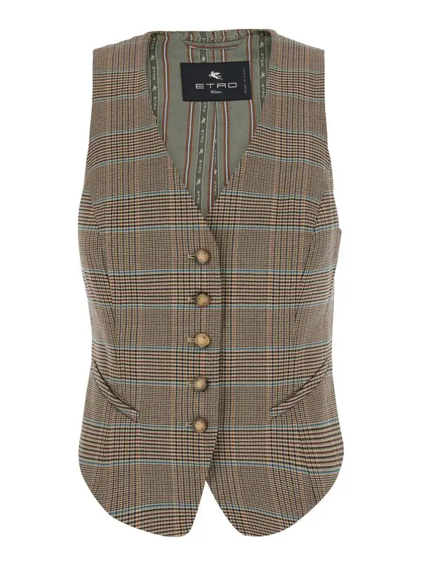 Etro Beige Single-breasted Vest With V-neck And Prince Of Wales Motif In Blend Wool - Multicolor