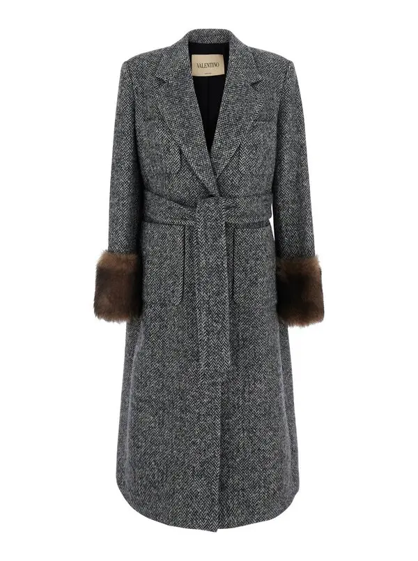 Valentino Garavani Grey Double-breasted Coat With Belt At The Front And Fur Cuffs In Wool Blend For - Multicolor