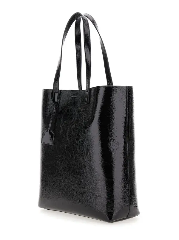 Saint Laurent Bold' Tote Bag With Embossed Logo In Coated Crinkled Leather - Black
