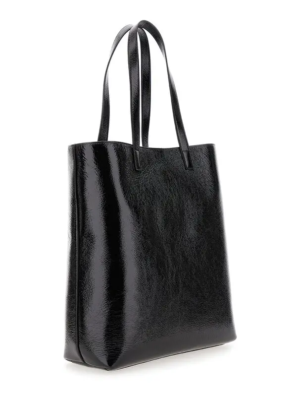Saint Laurent Bold' Tote Bag With Embossed Logo In Coated Crinkled Leather - Black