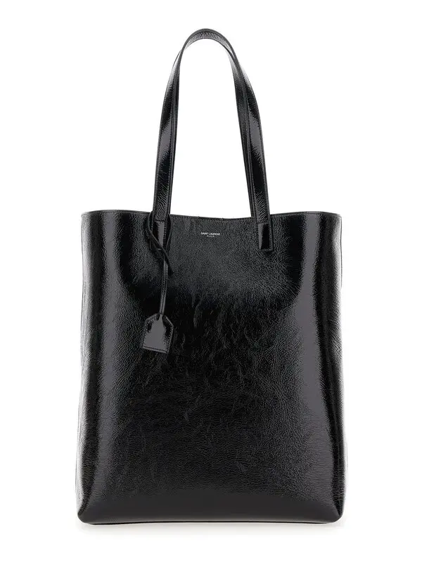 Saint Laurent Bold' Tote Bag With Embossed Logo In Coated Crinkled Leather - Black
