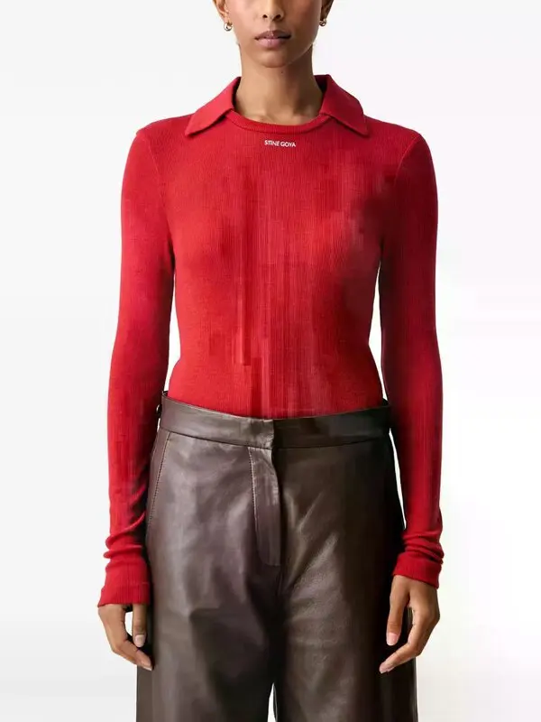 Stine Goya Ribbed-knit Long-sleeve Polo Top