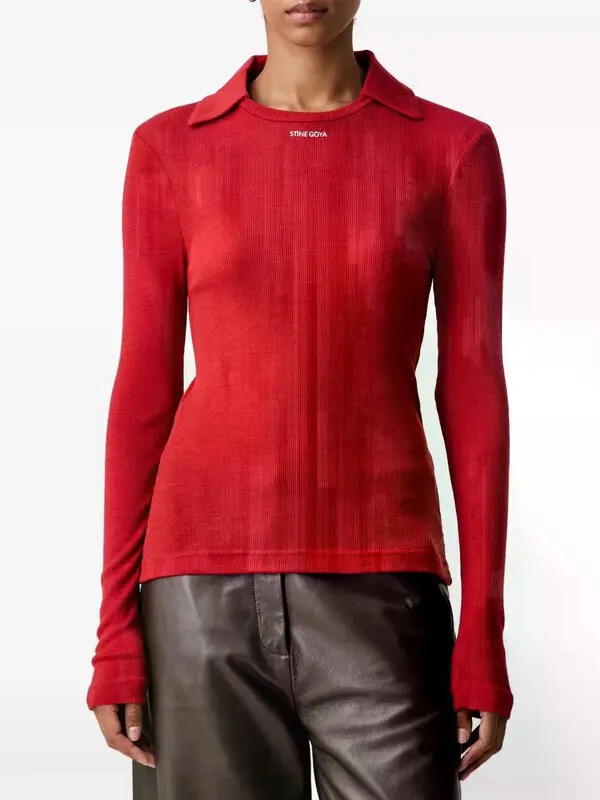 Stine Goya Ribbed-knit Long-sleeve Polo Top