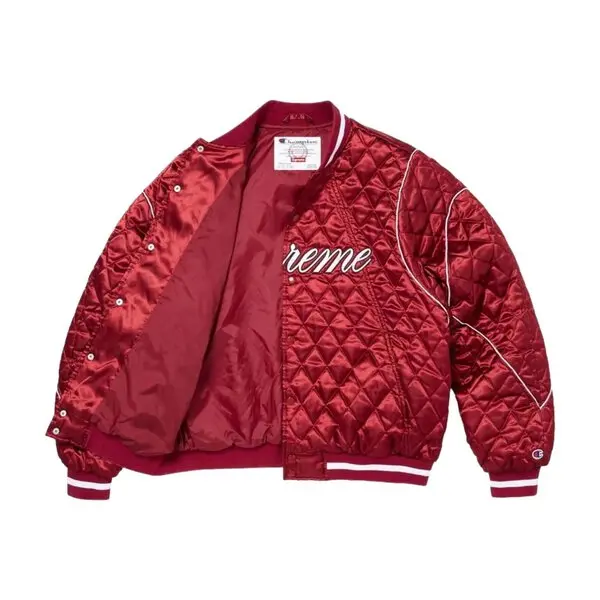 Supreme X Champion Fw26 Quilted Satin Varsity Jacket - Dark Red