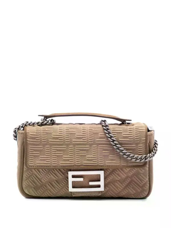 Fendi 2010-2026 Zucca Embossed Technical Fabric Chain Midi Baguette Shoulder Bag - Neutrals