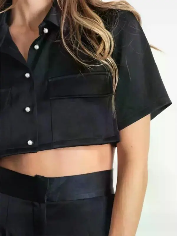 TAYLOR Riviera Satin Cropped Shirt - Black