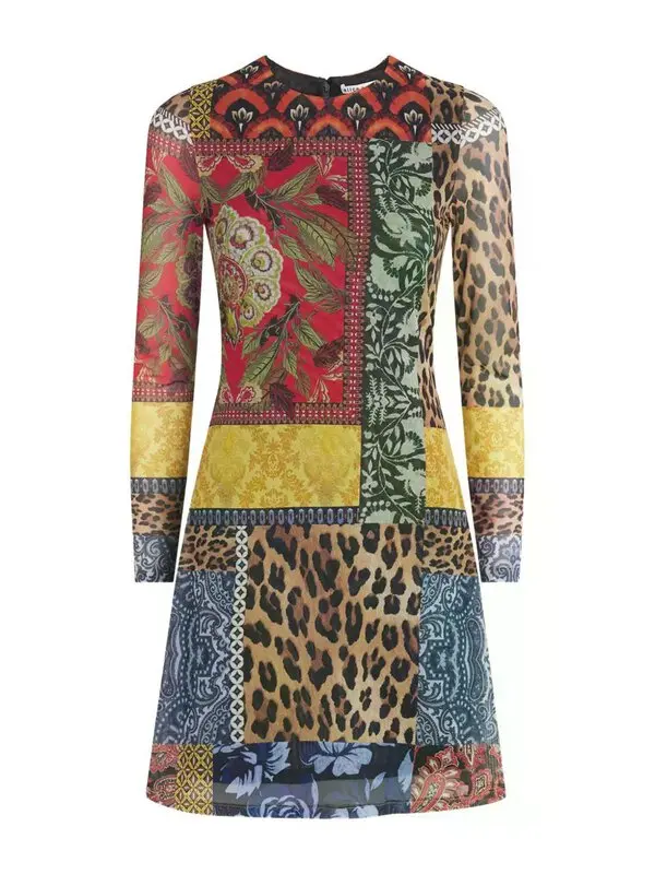 Alice + Olivia Patchwork-print Long-sleeve Mini Dress