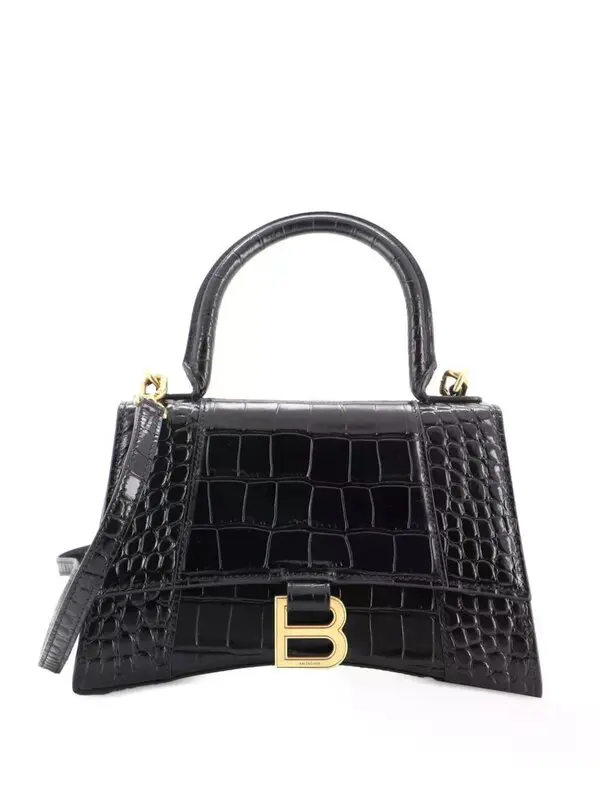Balenciaga Hourglass Top Handle Bag Crocodile Embossed Leather Small Crossbody Bag - Black