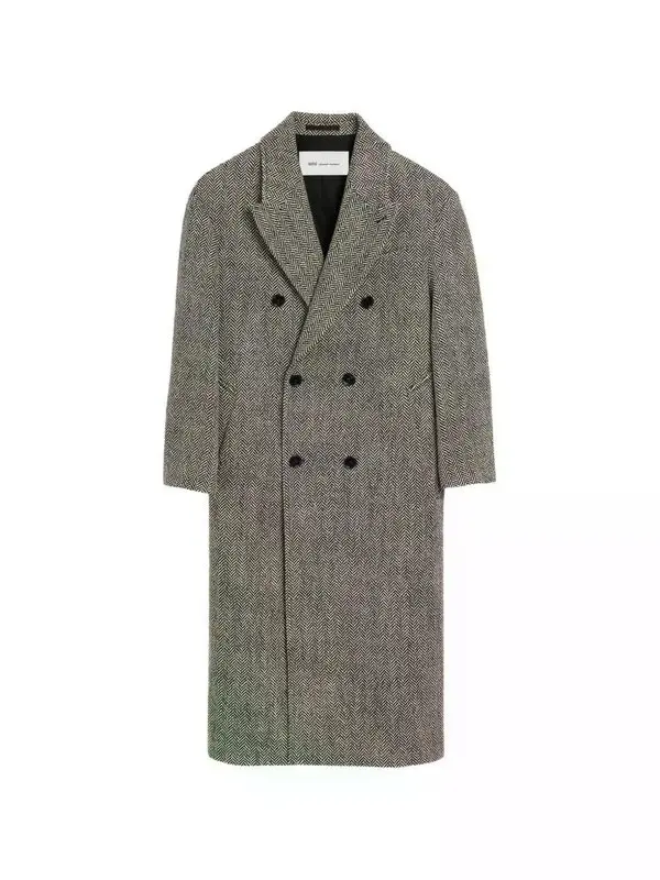 AMI Paris Long Double Breasted Wool Herringbone Coat