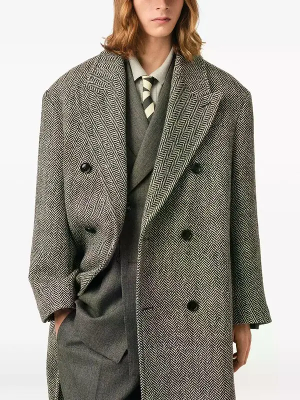AMI Paris Long Double Breasted Wool Herringbone Coat