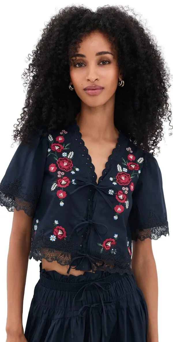 Moon River Embroidered Floral Tie Front Blouse