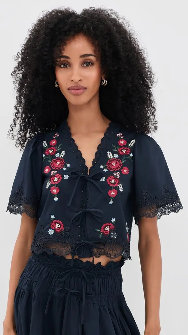 Moon River Embroidered Floral Tie Front Blouse