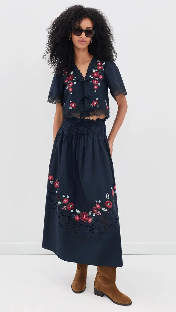 Moon River Embroidered Floral Tie Front Blouse