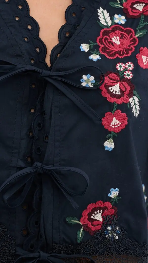 Moon River Embroidered Floral Tie Front Blouse