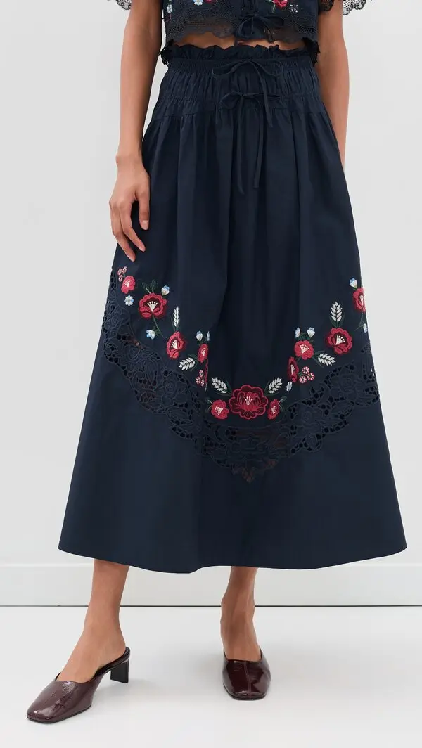Moon River Embroidered Floral Elasticated Midi Skirt