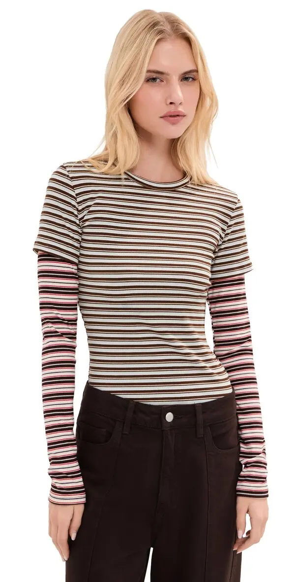 STATE & LAKE Eli Double Layer Tee - Powder/red Stripe