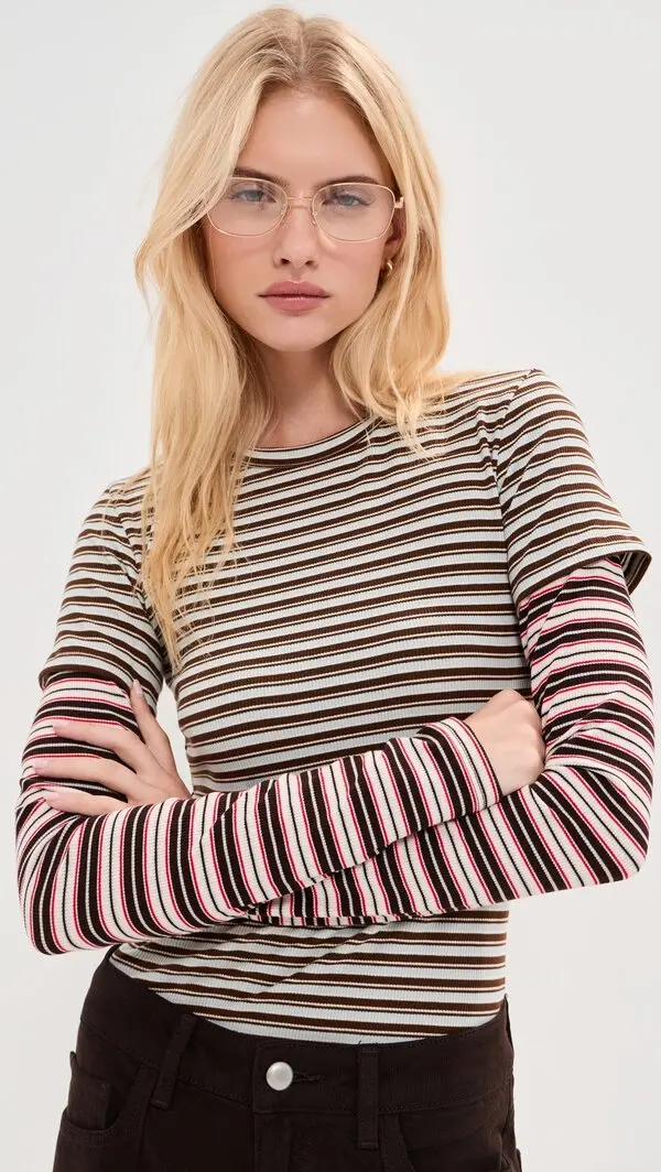 STATE & LAKE Eli Double Layer Tee - Powder/red Stripe