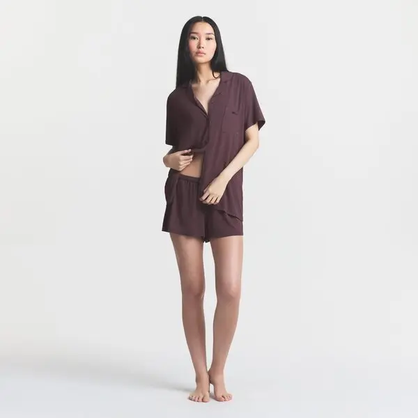 SKIMS Sleep Short Sleeve Button Up Set | Deep Neutral