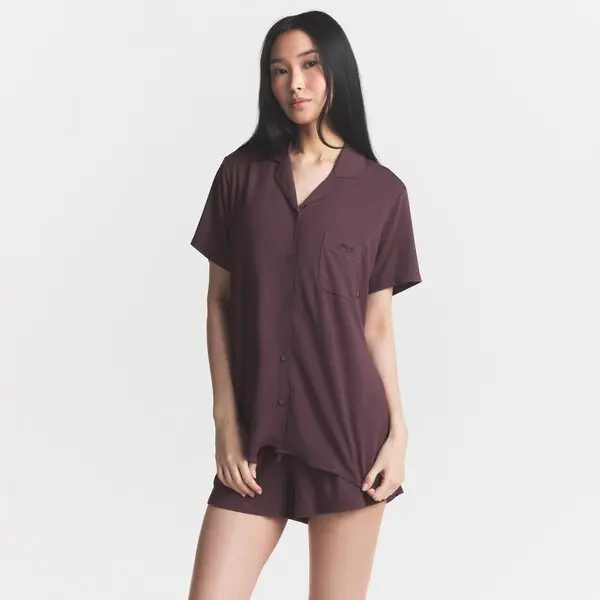 SKIMS Sleep Short Sleeve Button Up Set | Deep Neutral