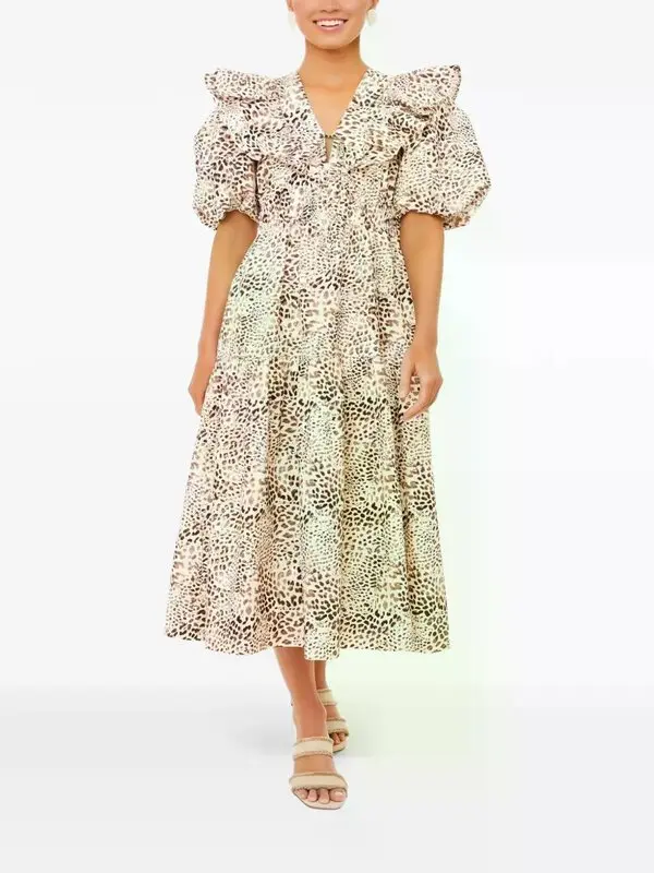 Sea Calla Cheetah-print Puff-sleeve Midi Dress - Neutrals