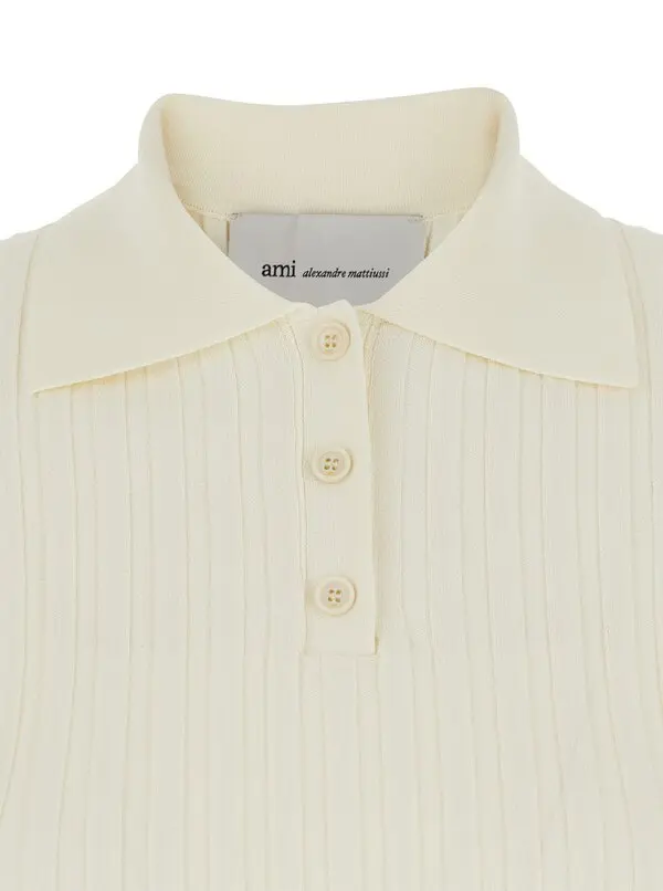AMI Paris White Polo Shirt With Ribbed Knit In Viscose Blend For - Multicolor