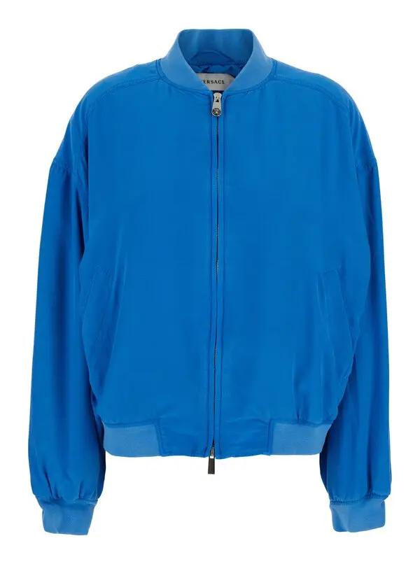 Versace Blue Bomber Jacket With Ribbed Collar And Logo On The Back In Silk For - Multicolor