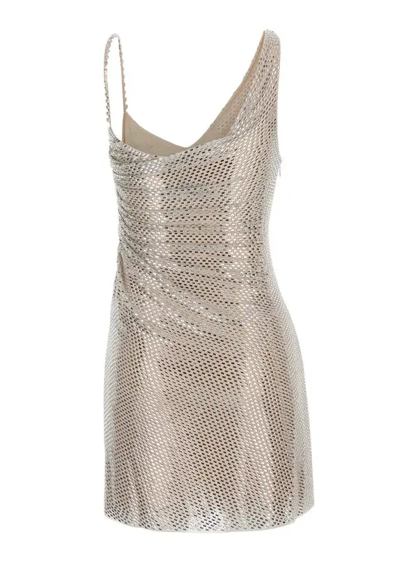 SELF-PORTRAIT Metallic Mini Dress Sleeveless Draped With Rhinestones And Single Slit On The Front In Tech Fabric For - Multicolor
