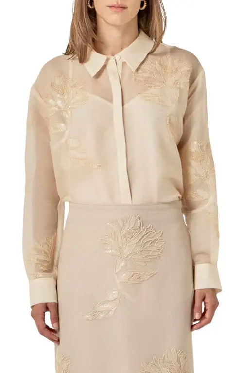 English Factory Sheer Beaded Long Sleeve Shirt - Natural