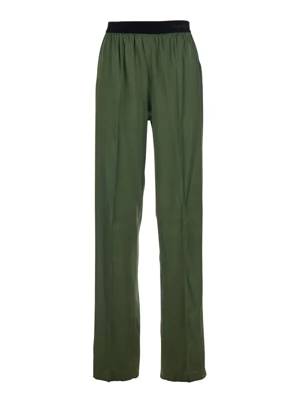 TOM FORD Elastic Waist Pants With Logo Lettering In Stretch Silk - Green