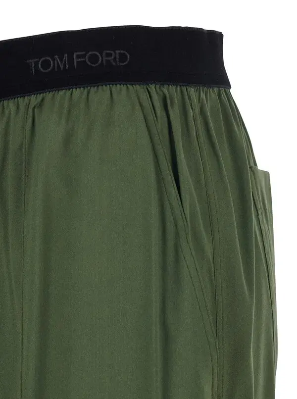 TOM FORD Elastic Waist Pants With Logo Lettering In Stretch Silk - Green