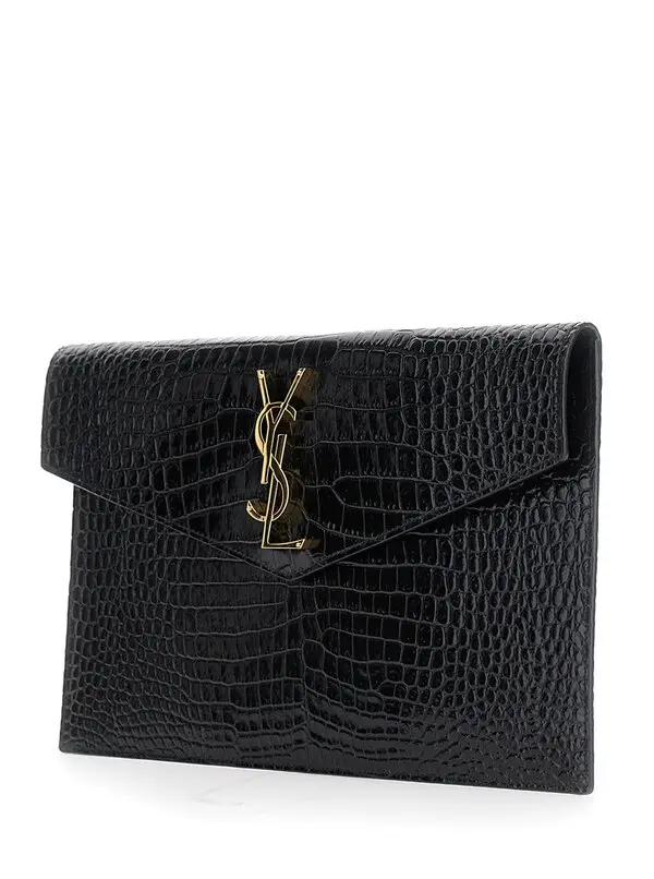 Saint Laurent Clutch 'logo' With Logo Plate On The Front In Black Leather For - Multicolor