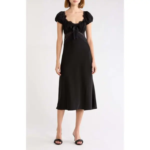 WAYF Mira Lace Trim Puff Sleeve Dress - Black