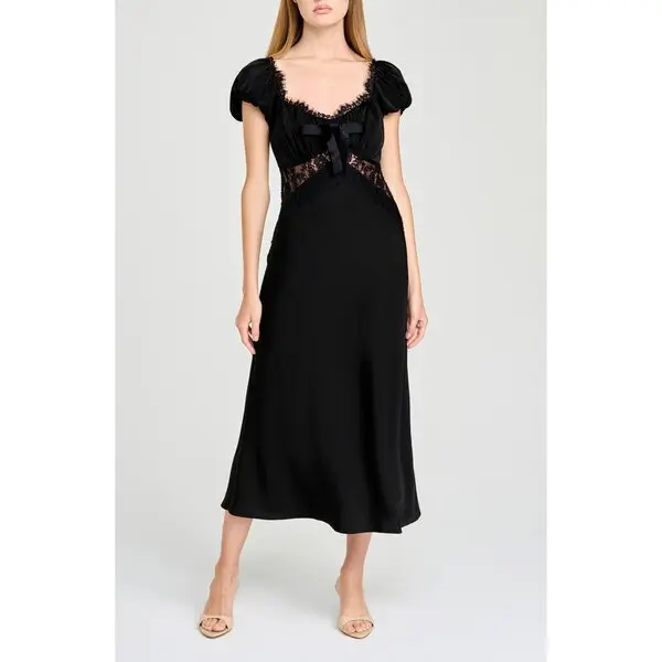 WAYF Mira Lace Trim Puff Sleeve Dress - Black