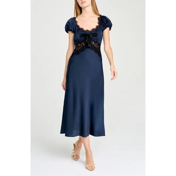 WAYF Mira Lace Trim Puff Sleeve Dress - Navy