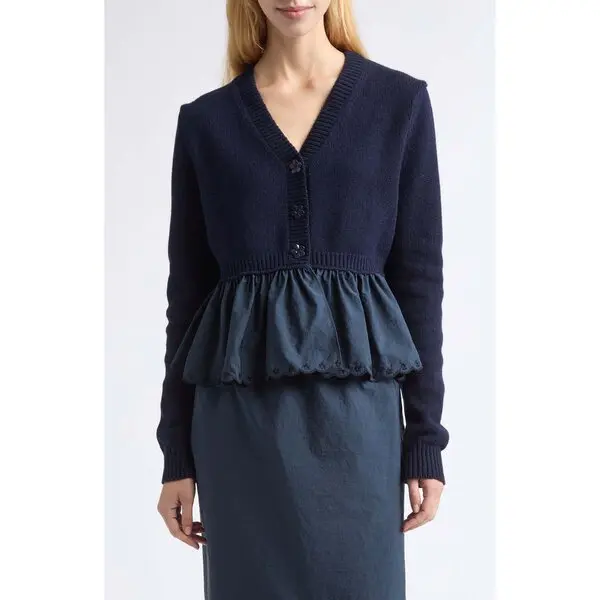 Cecilie Bahnsen Peplum Recycled Cashmere Blend Cardigan - Navy