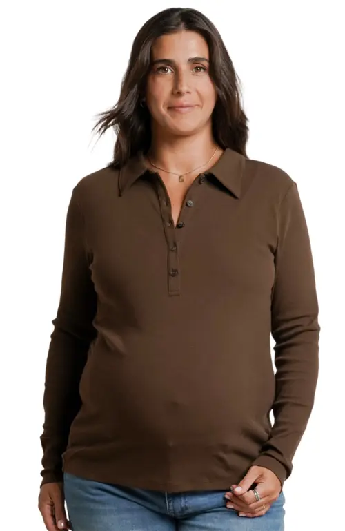 NOM MATERNITY Paige Polo Maternity & Nursing Ribbed Tee - Chocolate
