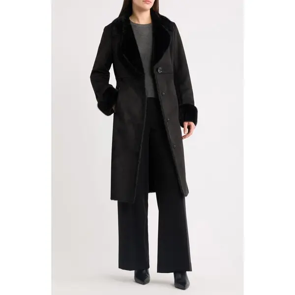 Via Spiga Faux Fur Trim Faux Shearling Maxi Coat