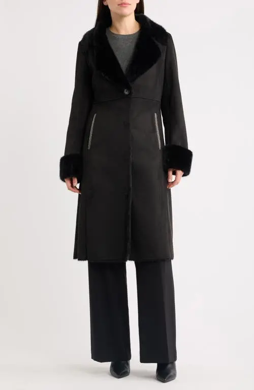Via Spiga Faux Fur Trim Faux Shearling Maxi Coat
