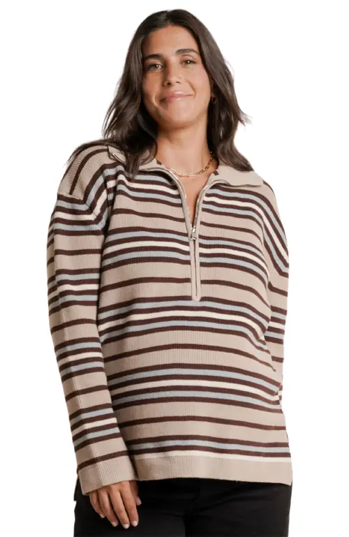 NOM MATERNITY Blaire Maternity Half-zip Sweater - Ice Stripe