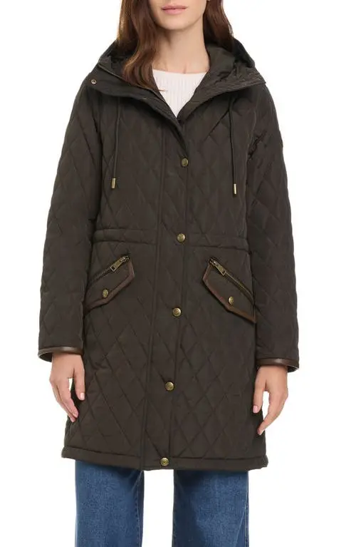 Vince Camuto Diamond Quilted Hooded Coat - Dark Olive