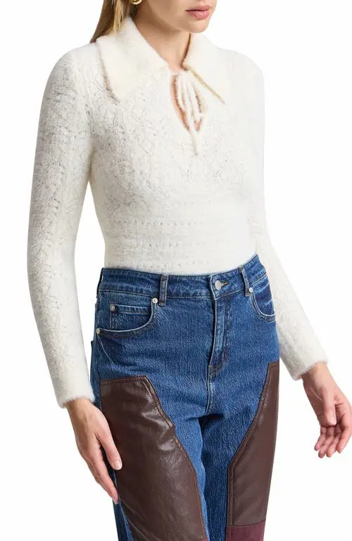 Avec Les Filles Mixed Pointelle Sweater With Fuzzy Collar - Ivory