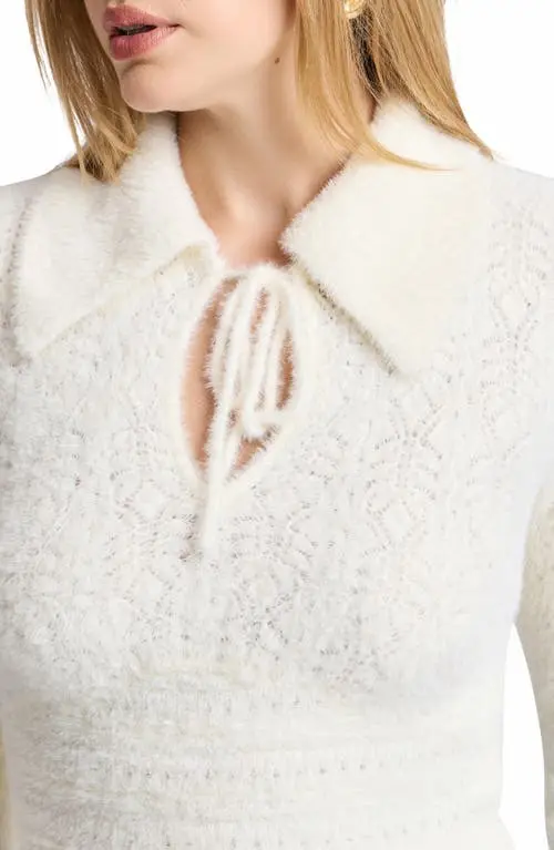 Avec Les Filles Mixed Pointelle Sweater With Fuzzy Collar - Ivory