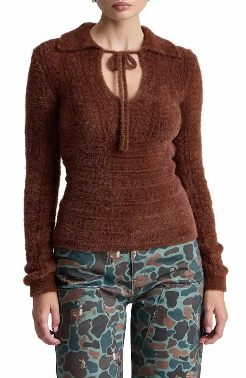 Avec Les Filles Mixed Pointelle Sweater With Fuzzy Collar - Russet